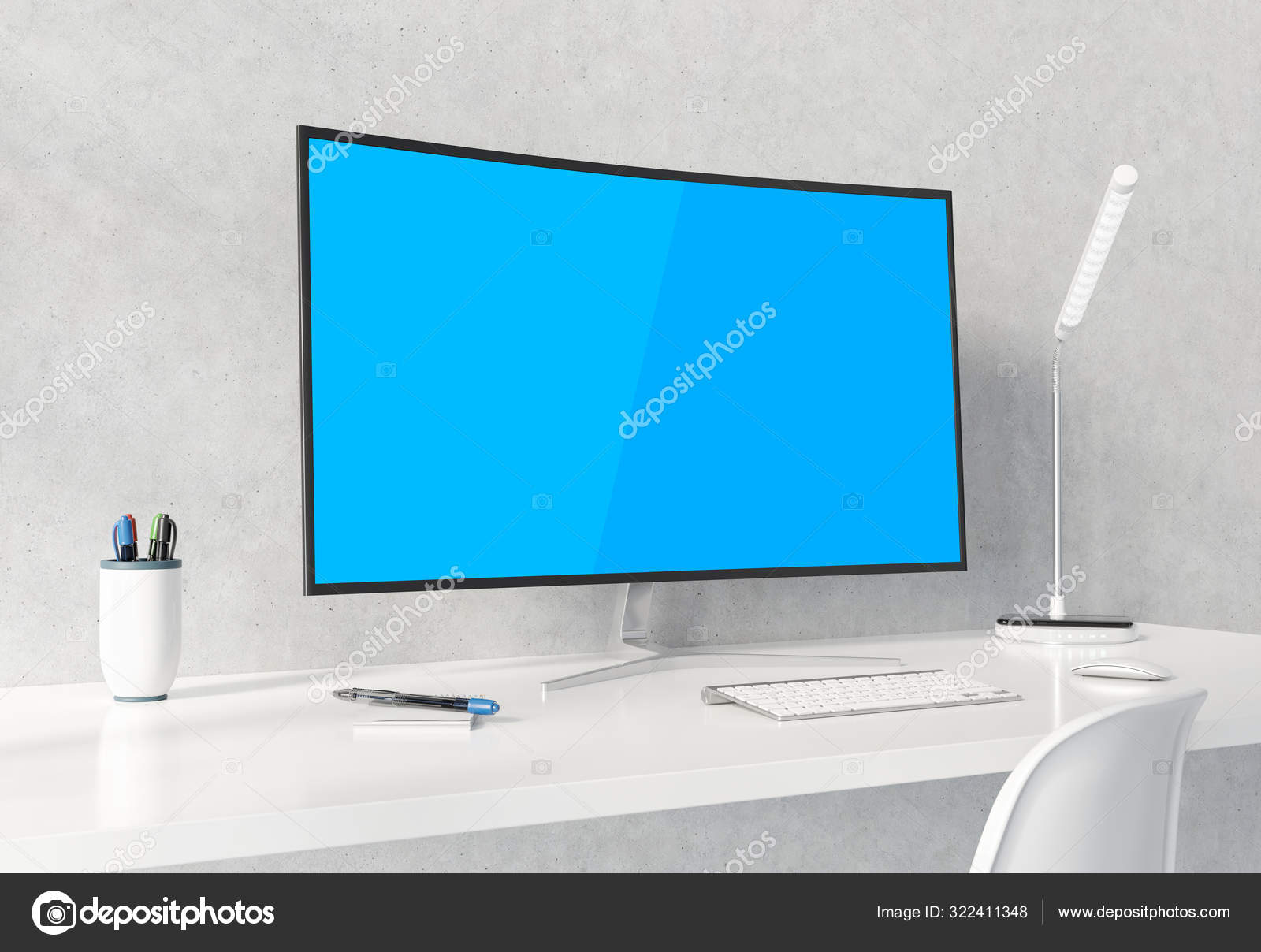 Curved monitor on white desktop concrete interior mockup 3D rend Stock ...