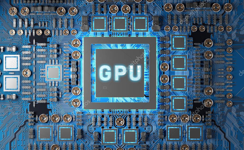 Vista de cerca de una tarjeta de GPU moderna con renderizado en ...