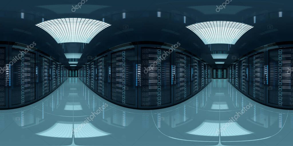 Vista panorámica HDRI de alta resolución de un centro de sala de datos del servidor brillante ...