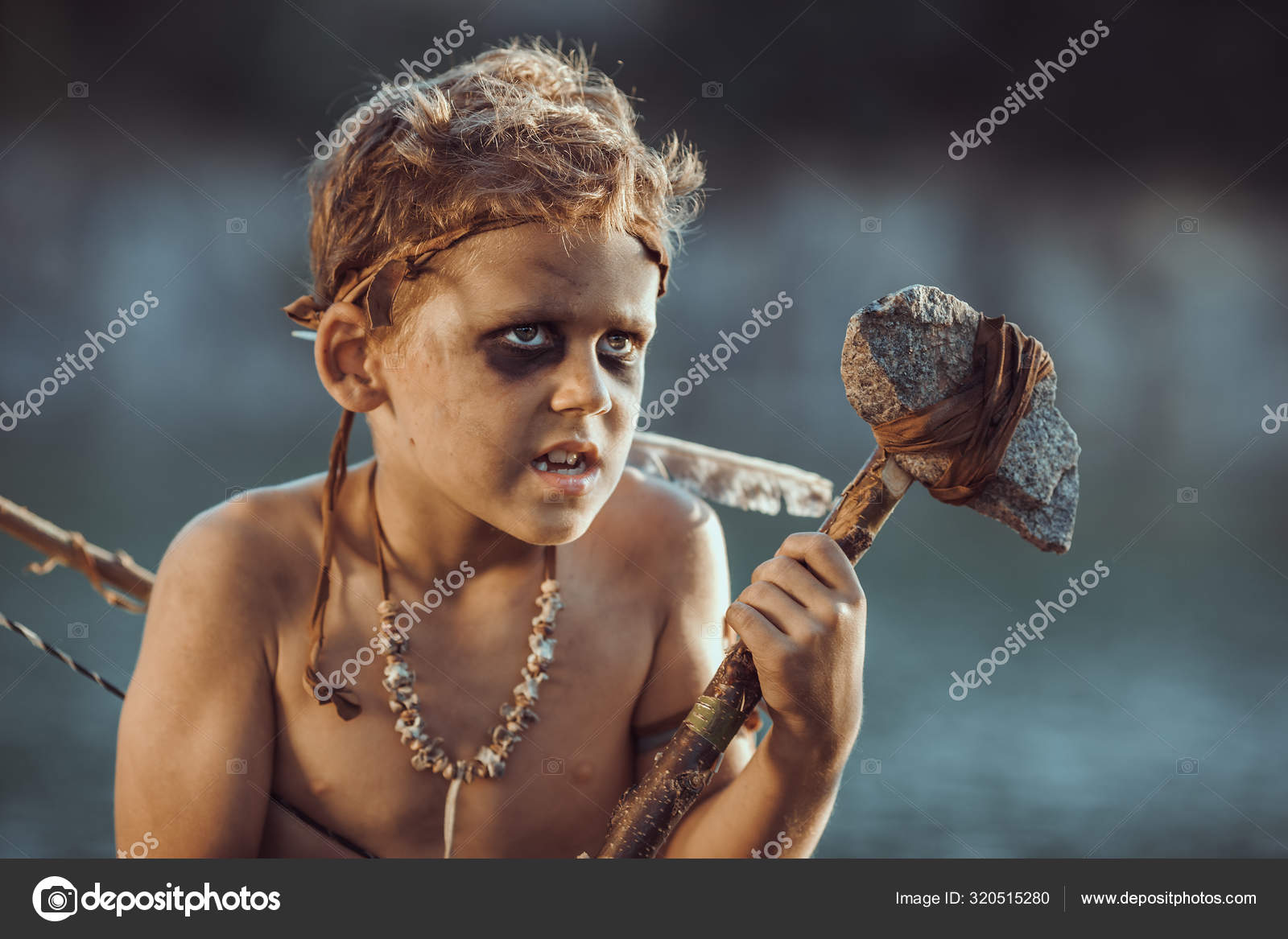 Caveman, manly boy with primitive weapon hunting outdoors. Ancient ...