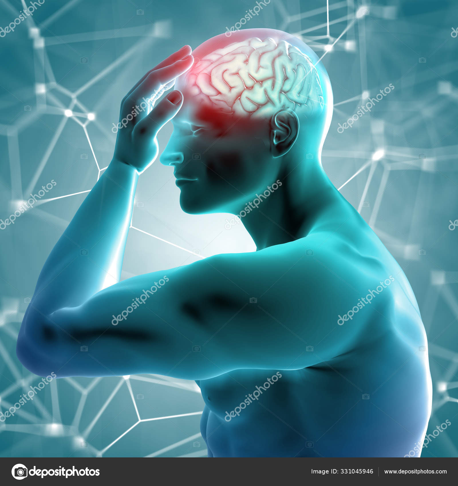 Representación 3D de una figura humana pensando con cerebro resaltado ...