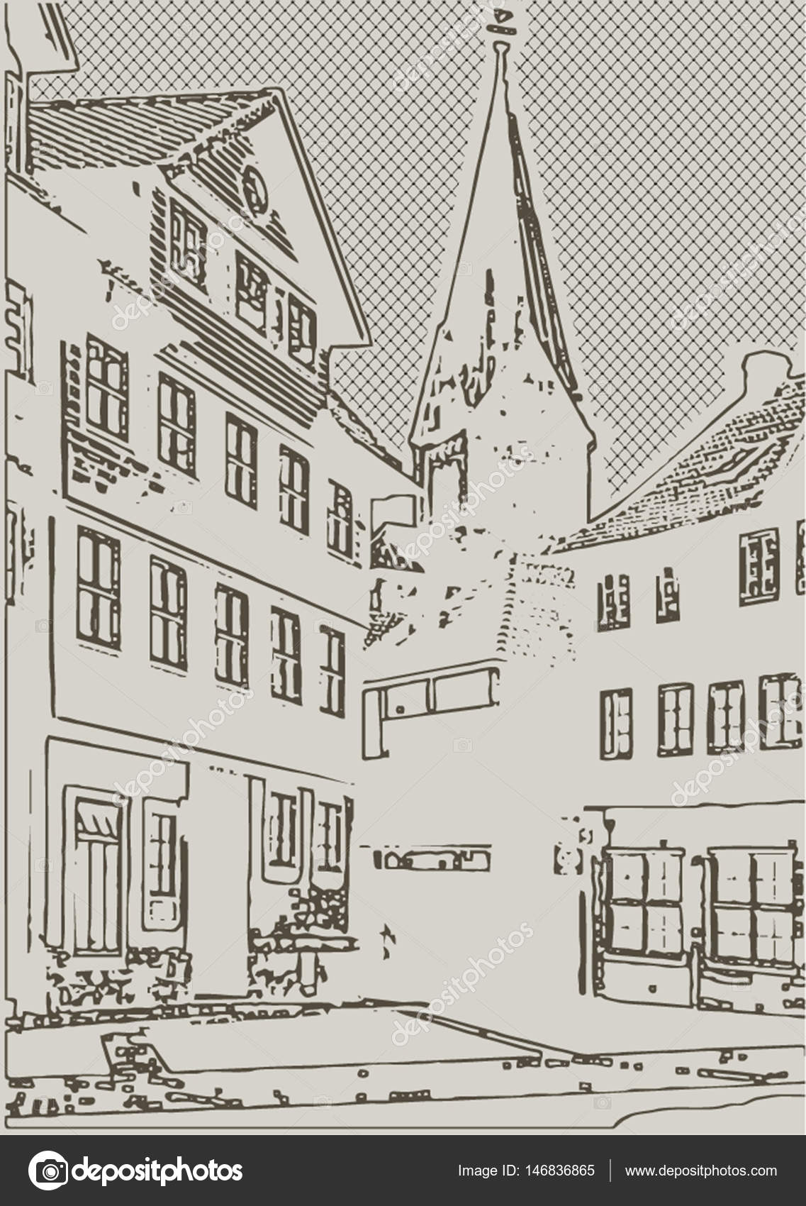 Kota tua dengan bangunan dan menara dengan trotoar batu digambar Vektor ...