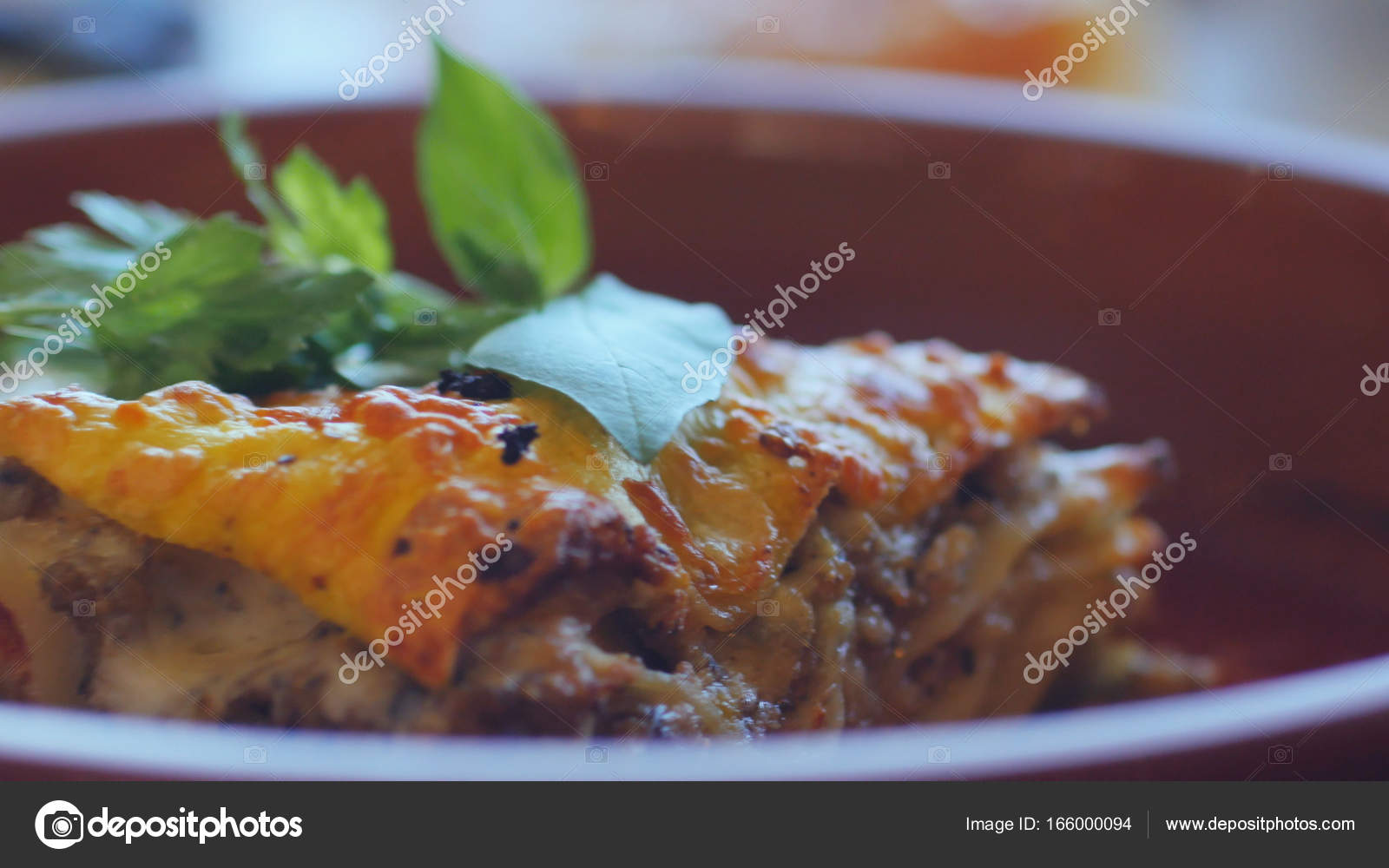 Classical lasagna with bolognese, cheese and basil leaf. Stock Photo by ...