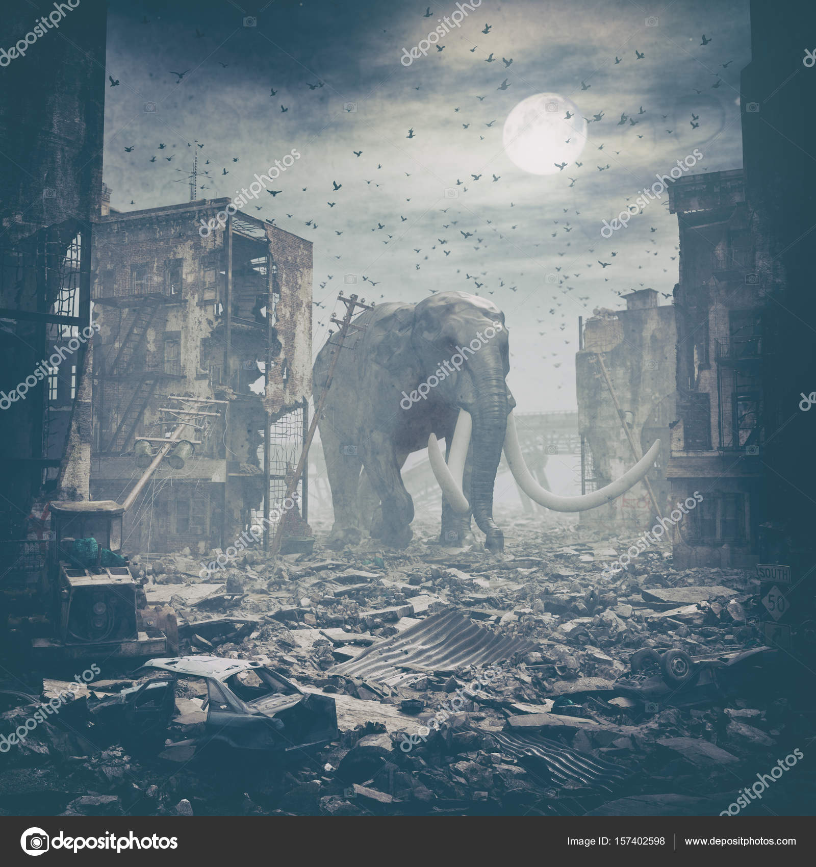 Giant elephant in destroyed city Stock Photo by ©vicnt2815 157402598