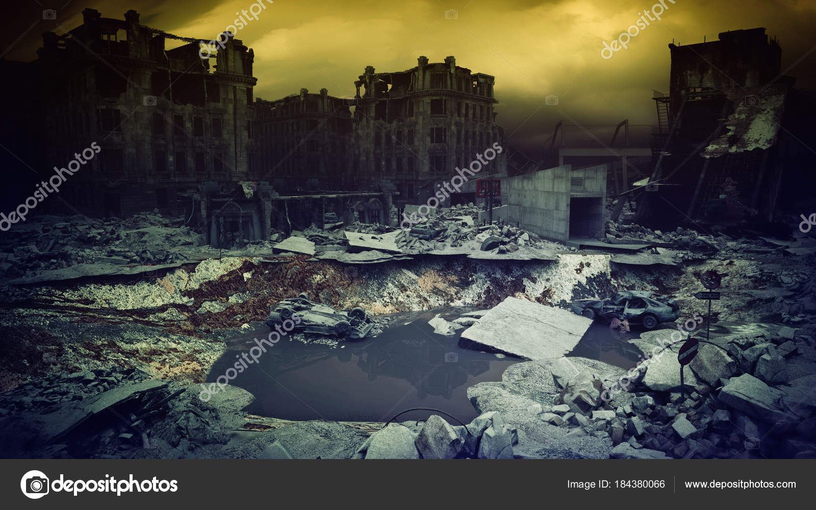 View Apocalyptic Buildings Ruins Sunset Background Stock Photo by ...