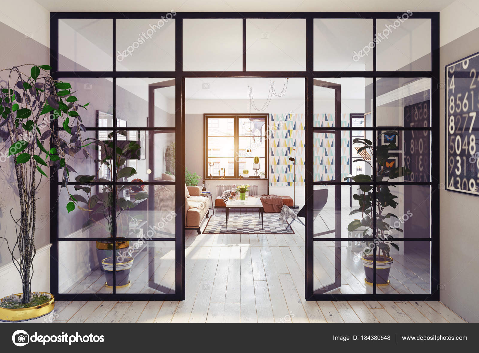 Front View Glass Partition Flat Modern Apartment Interior Grey Walls ...