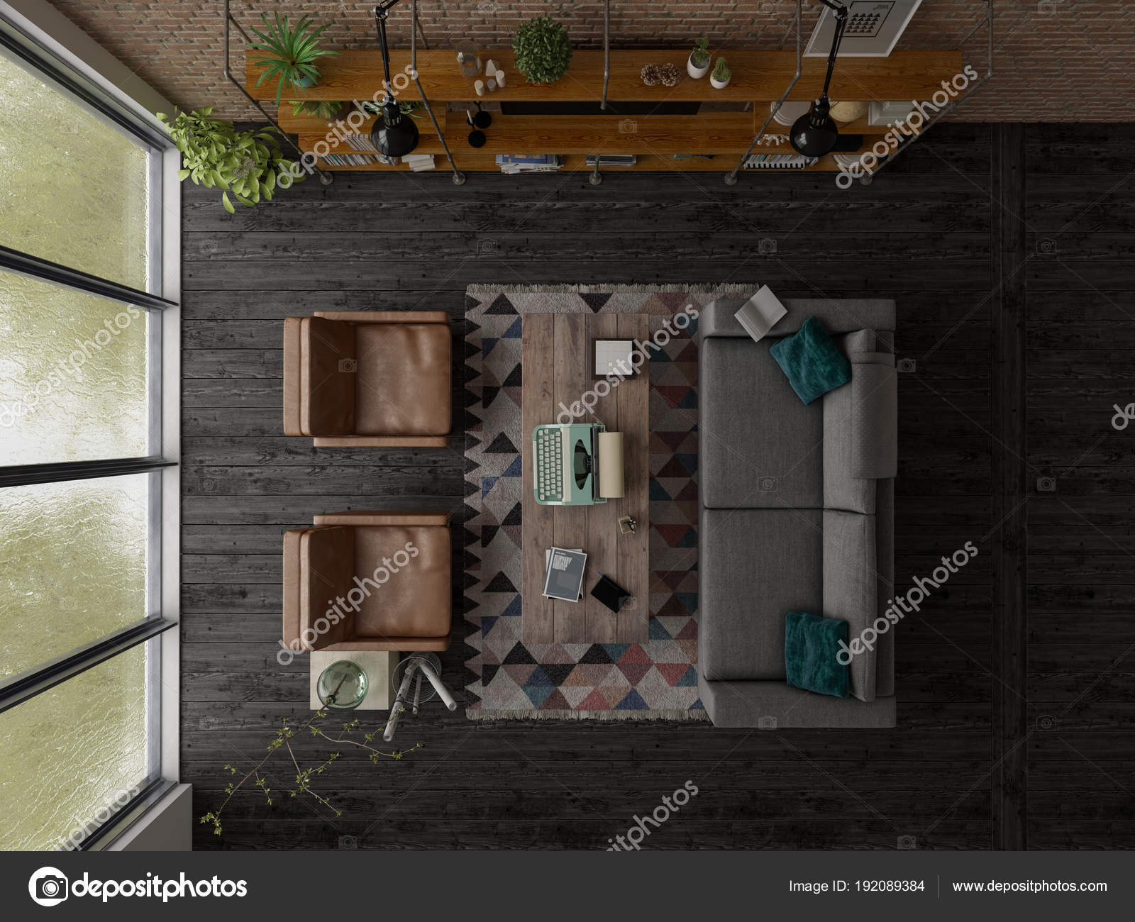 Loft style interior design 3D rendering Stock Photo by ©hemul75 192089384