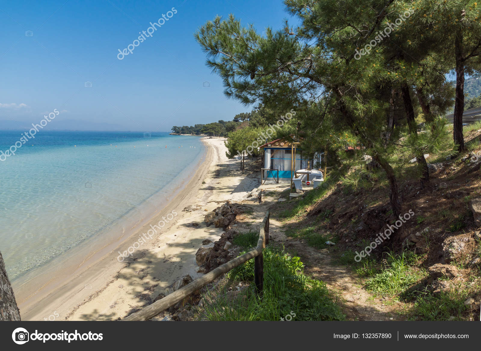 Trees on the beach with blue waters in Thassos island, East Macedonia ...