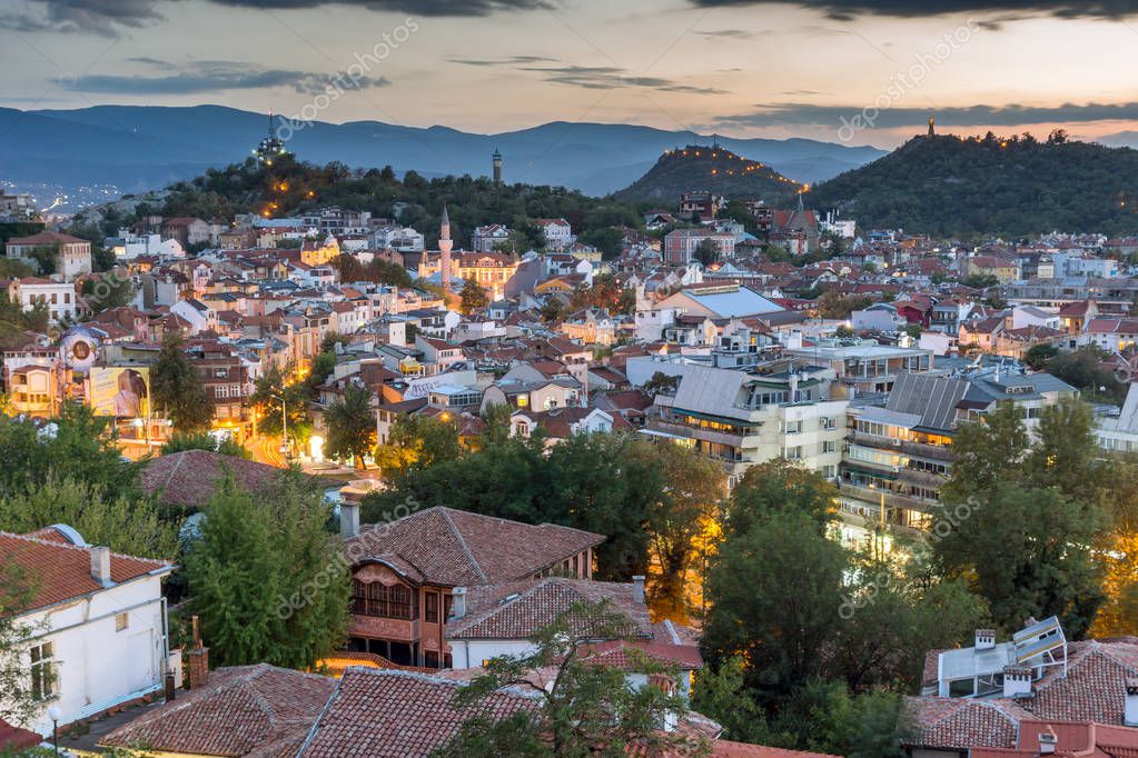 PLOVDIV, BULGARIA - SEPTEMBER 2 2016: Sunset view of city of Plovdiv ...