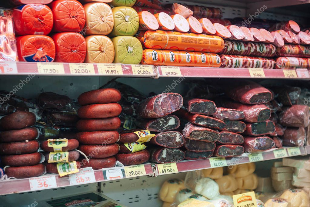 Istanbul. Turkish Pastirma and different varieties of sausage on the ...