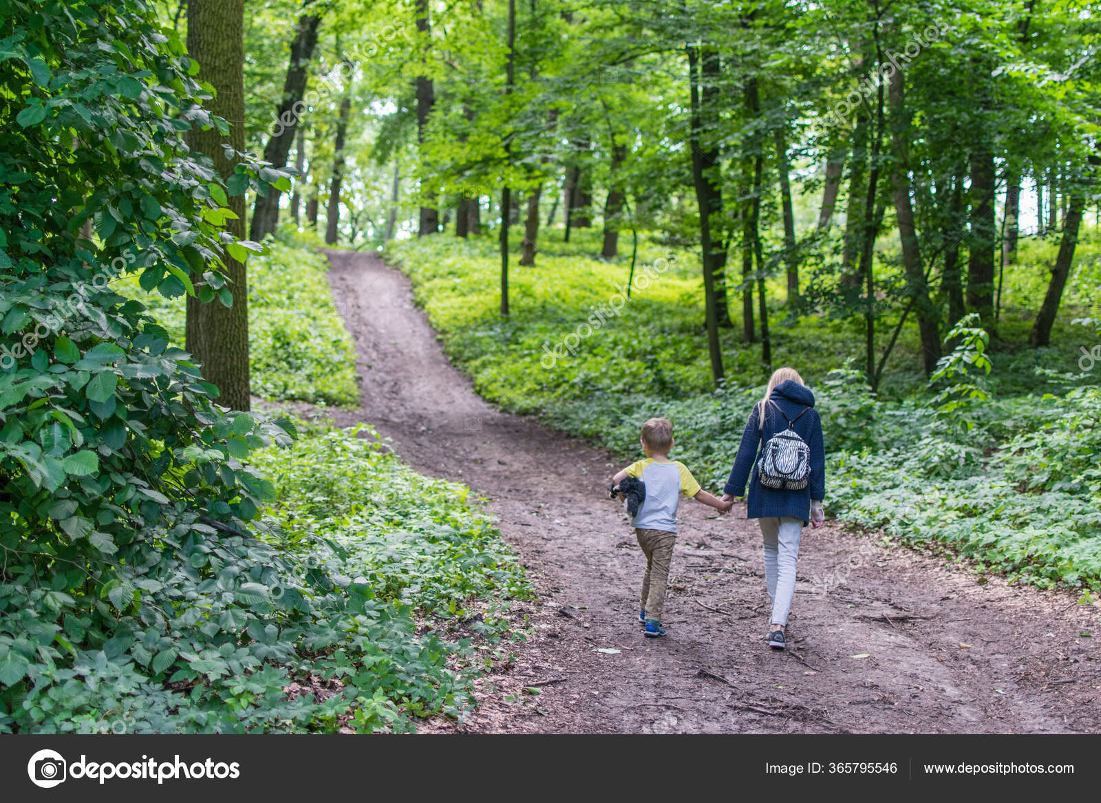 Two Children Walk Forest Path Sister Younger Brother Going Road — Stock ...