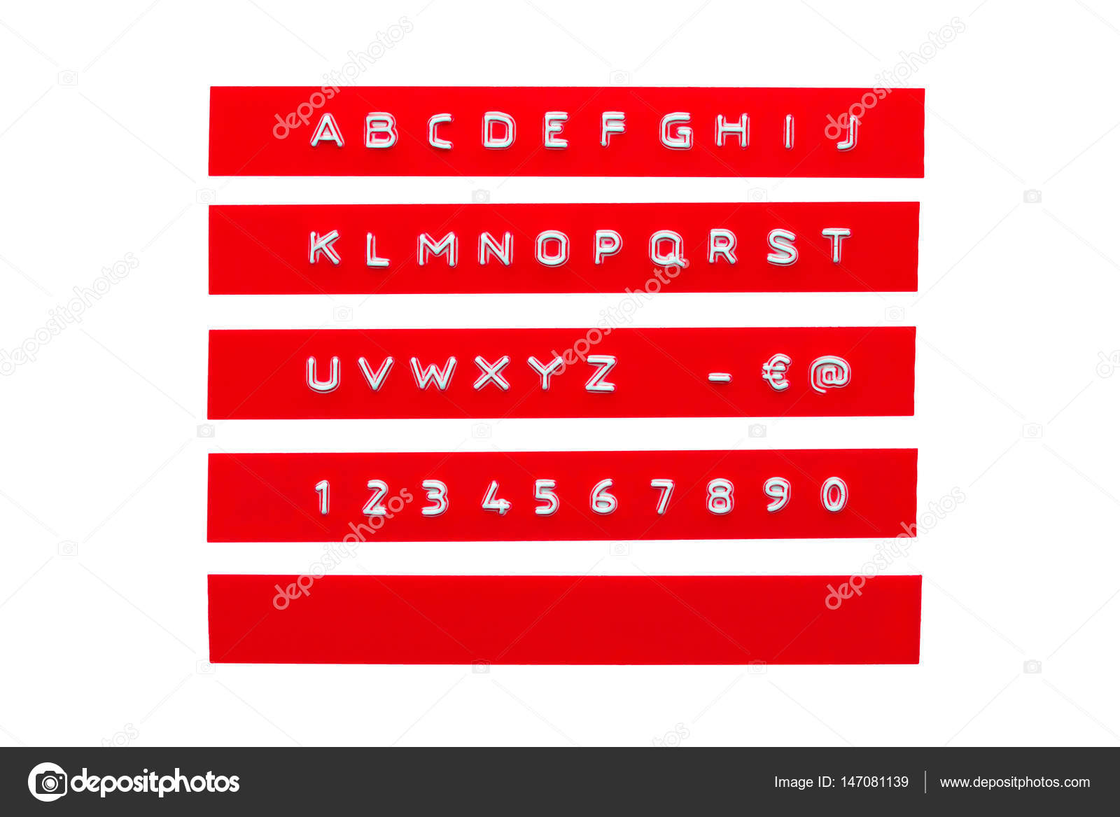 Embossed alphabet on red plastic tape, isolated on white — Stock Photo ...