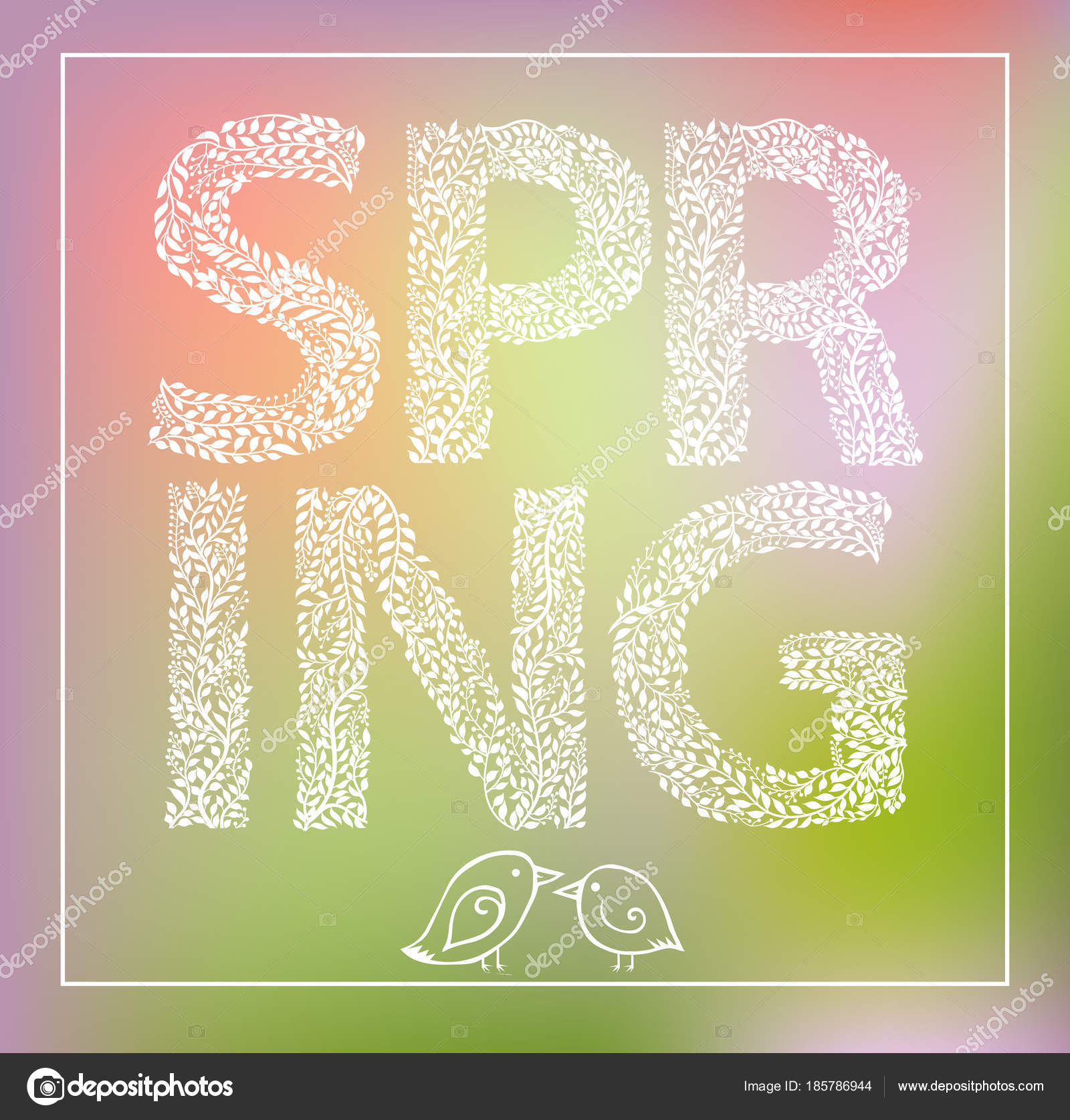 Lettering Spring Letras Brancas Feitas Com Folhas Fundo Verde Amarelo ...