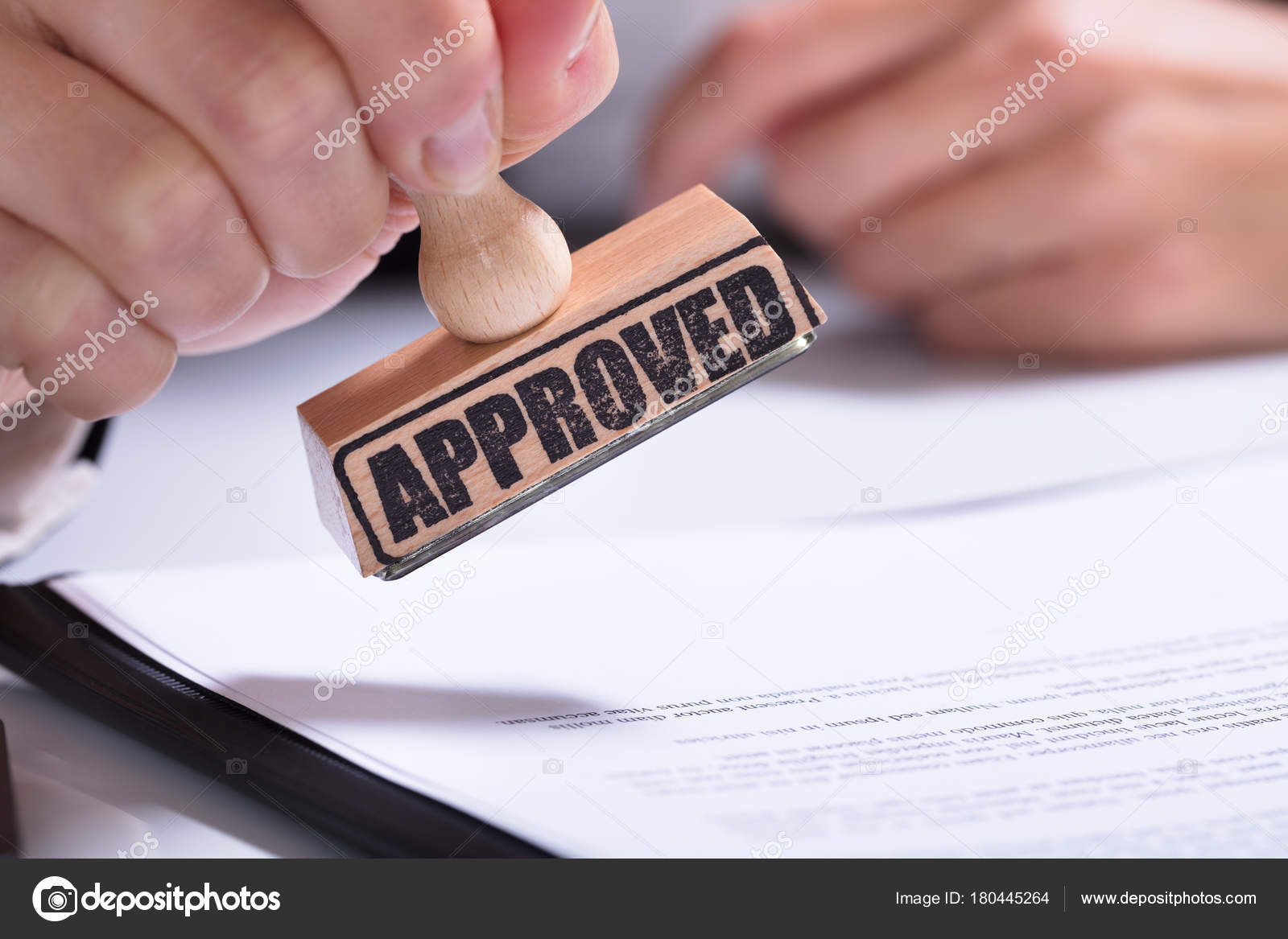 Close Person Hands Using Stamper Document Text Approved — Stock Photo ...