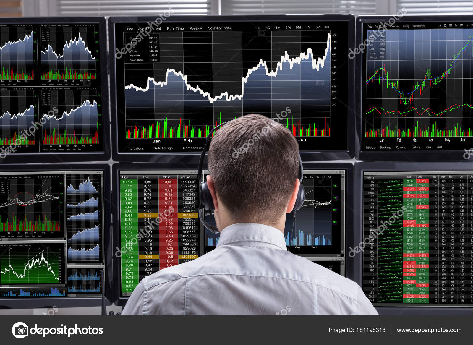 Side View Young Male Stock Market Broker Analyzing Graphs Multiple ...