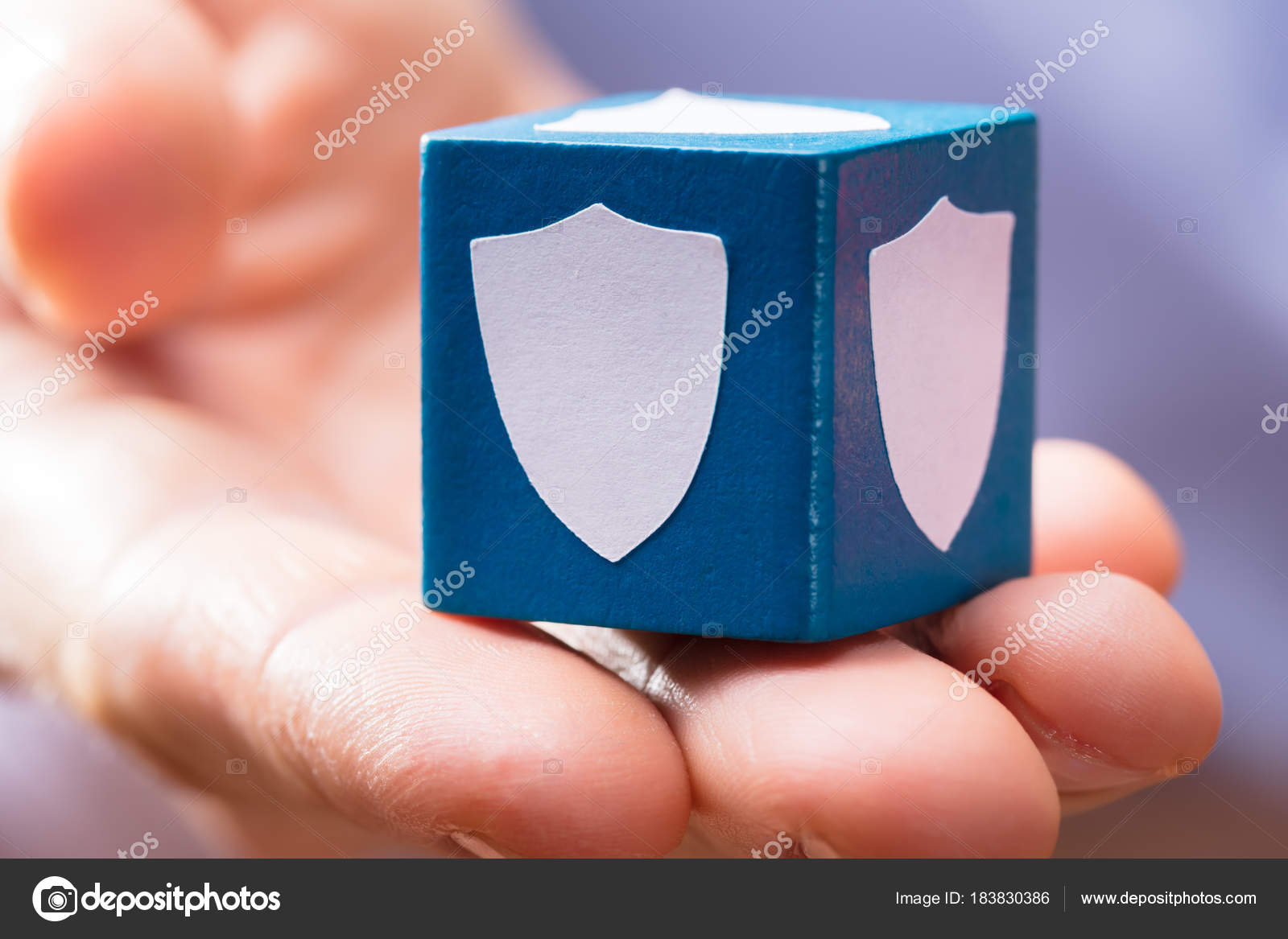 Close Hand Holding Blue Wooden Block White Security Shield Symbol ...