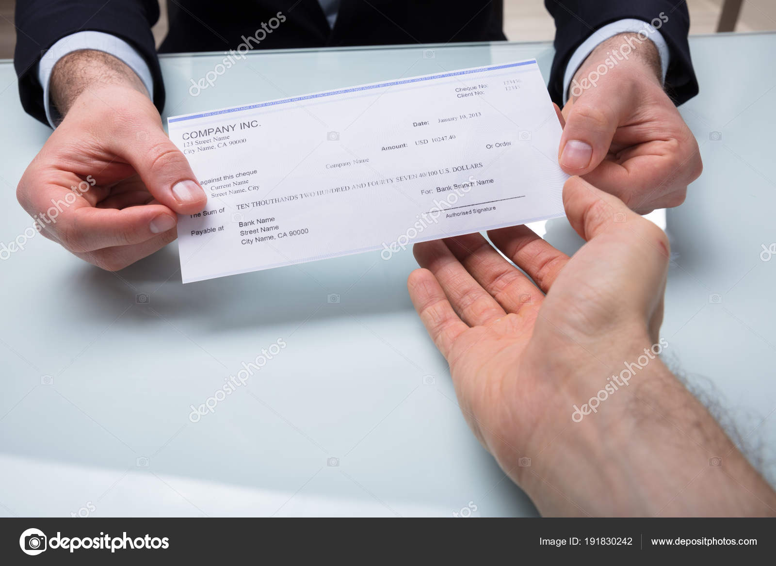 Close Businessman's Hand Giving Cheque His Colleague Workplace — Stock ...