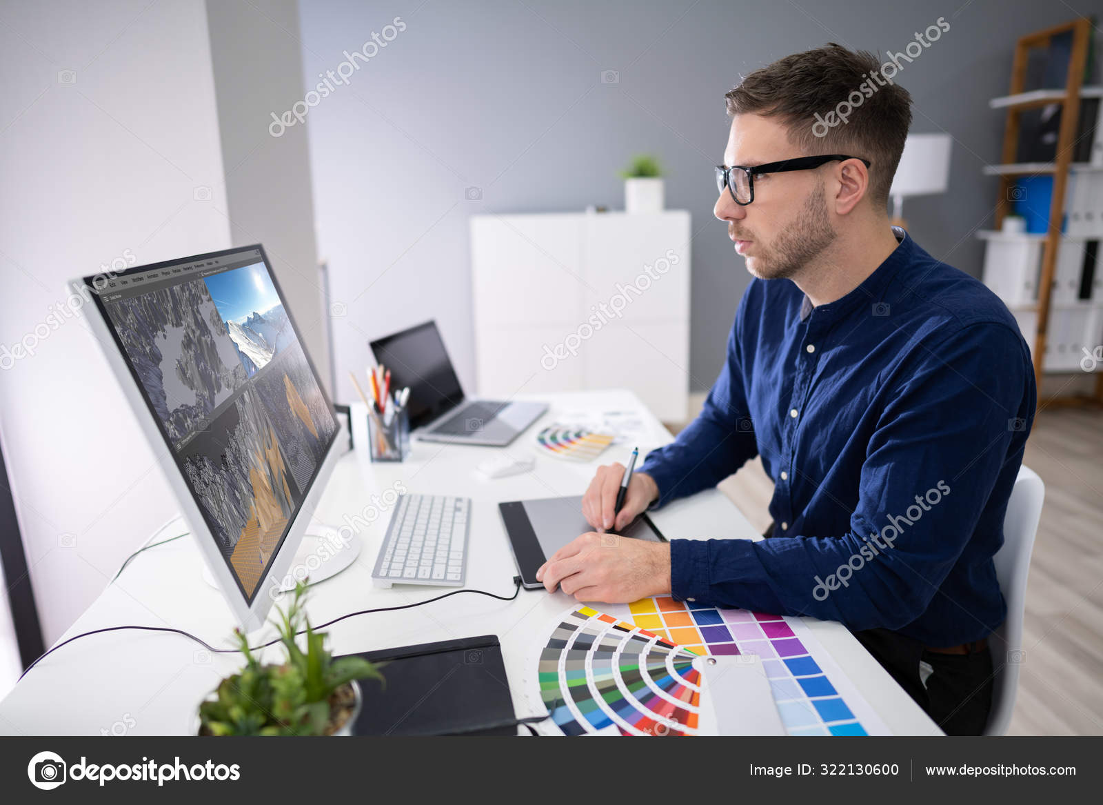 Rear View Man Working Landscape Computer Office — Stock Photo ...