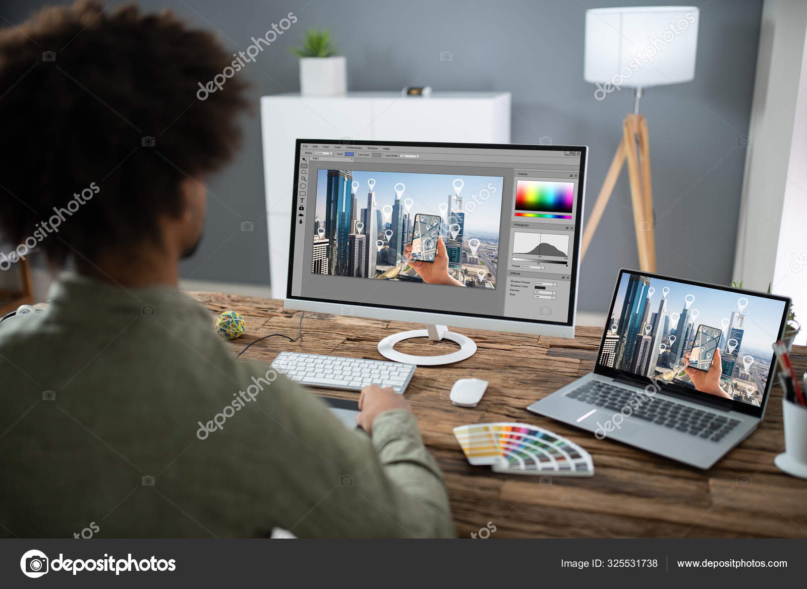 Close Designer's Hand Editing Photo Computer Office — Stock Photo ...