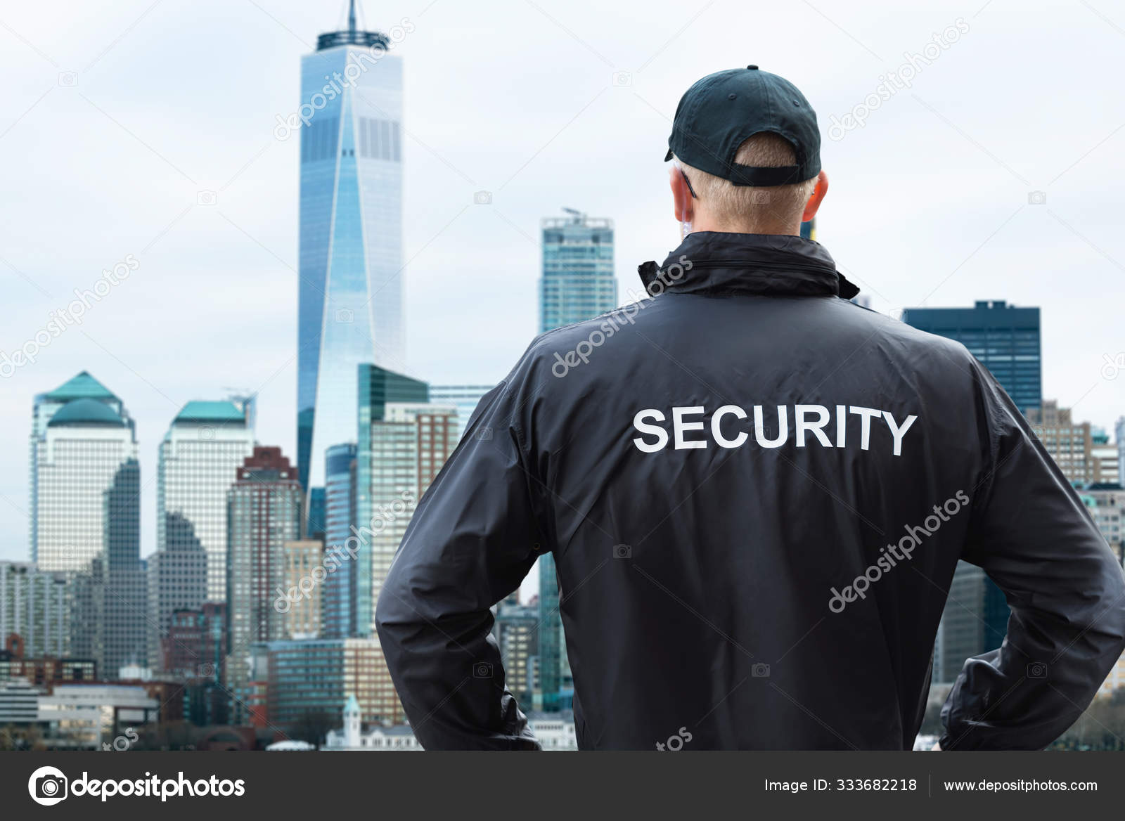 Male Security Guard Looking City Skyline Manhattan New York — Stock ...
