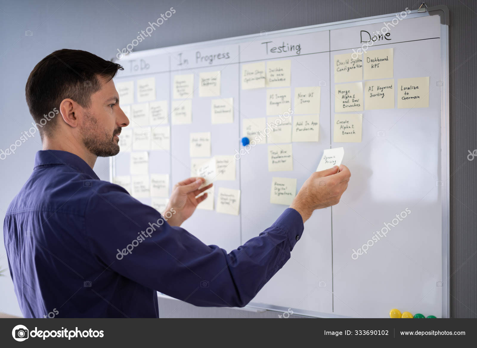 Side View Businessman Writing Sticky Notes Attached White Board Office ...