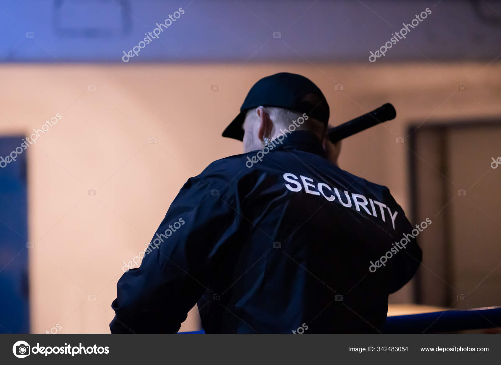 Security Guard Walking Building Perimeter Flashlight Night Stock Photo ...