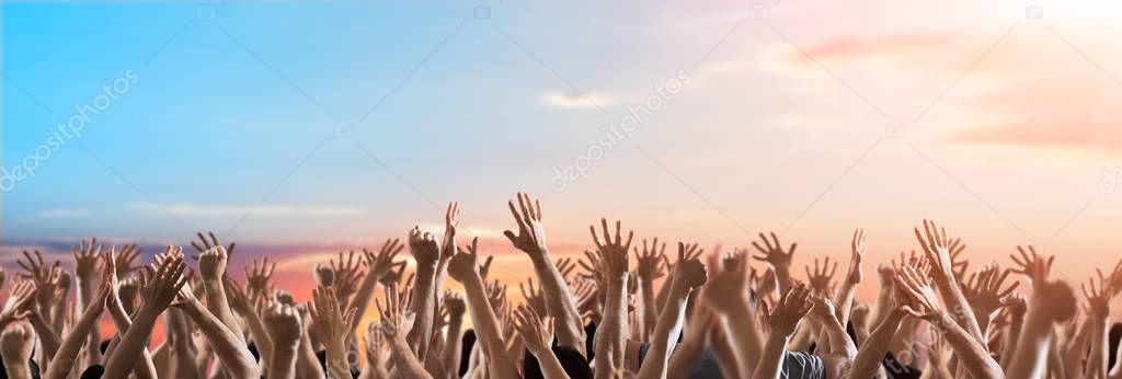 People raising hands Stock Photos, Royalty Free People raising hands ...