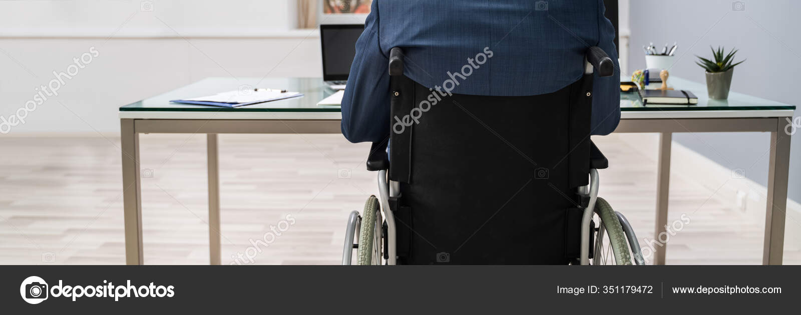Rear View Businessman Wheelchair Using Computer Office Stock Photo by ...