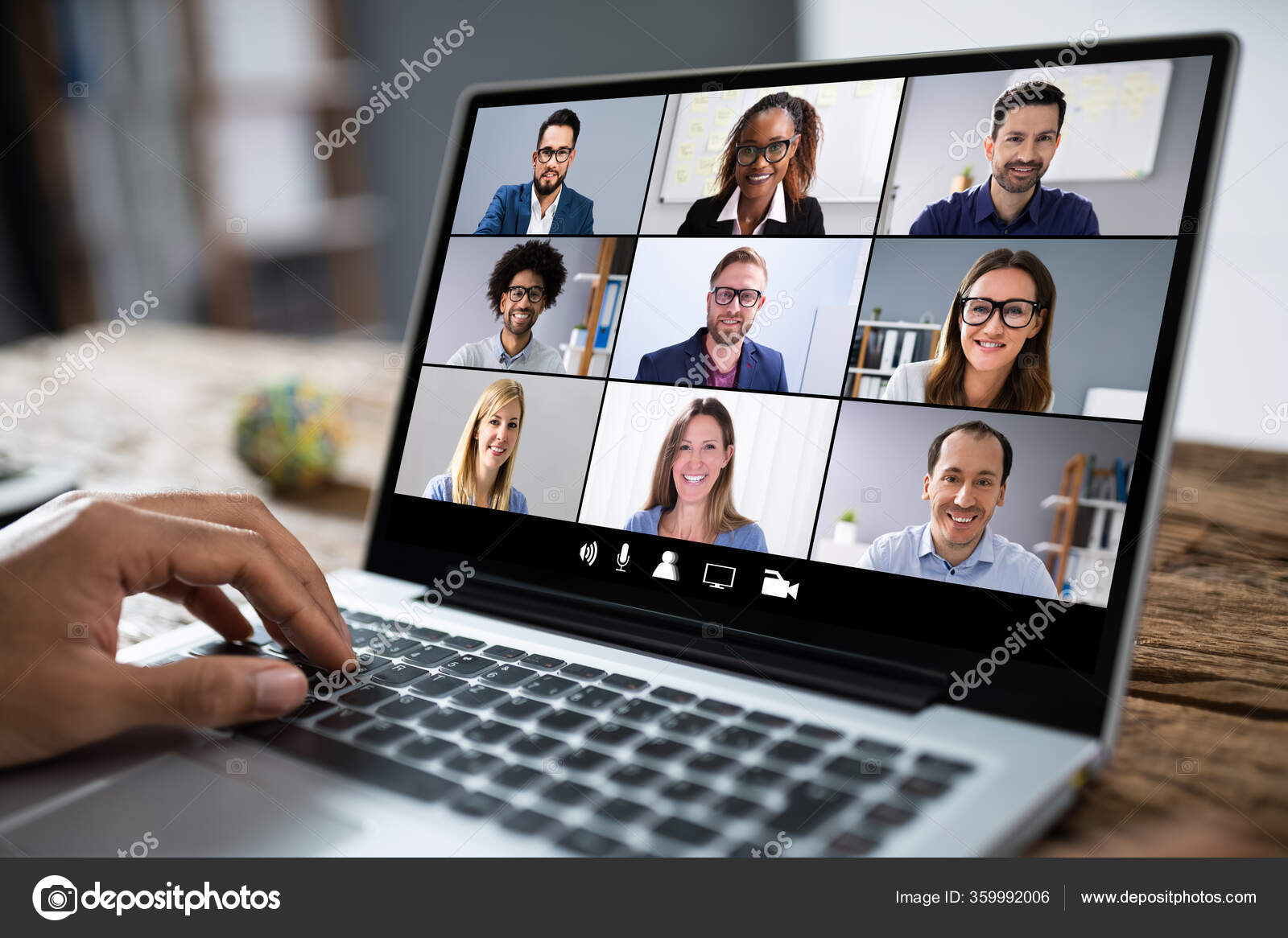 Man Working Home Having Online Group Videoconference Laptop — Stock ...