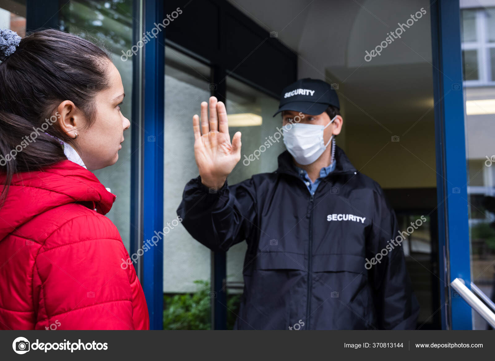 Security Guard Uniform Face Mask Making Stop Hand Gesture — Stock Photo ...
