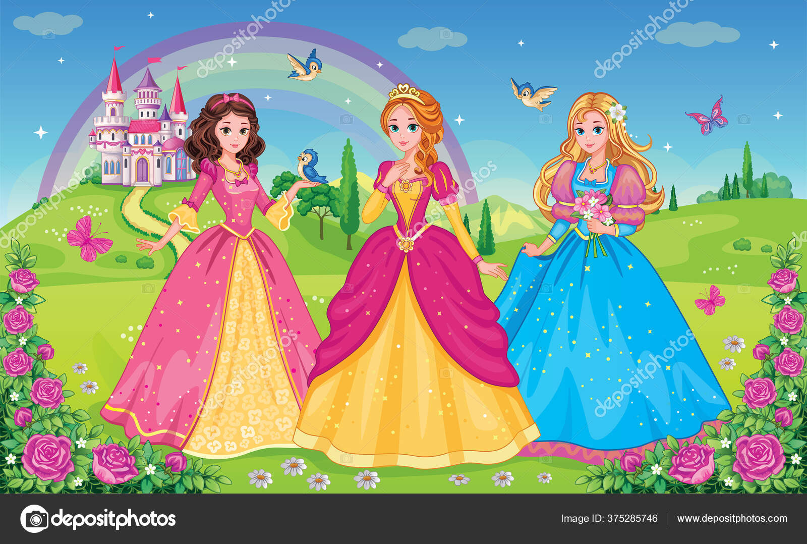 Set Beautiful Elf Princesses Children's Background Castle Rainbow ...