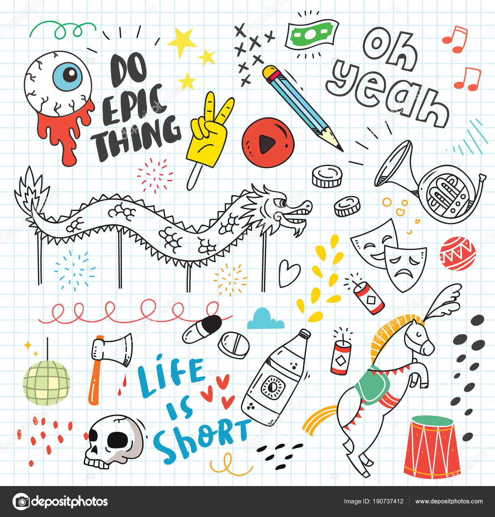 Set Colorful Doodles Paper Background Vector Illustration Stock Vector ...