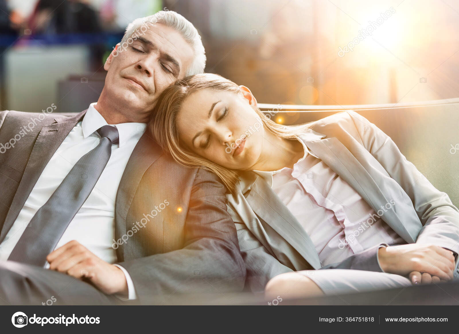 Portrait Business Couple Sleeping While Waiting Boarding Airport Lens Flare — Stock Photo ...