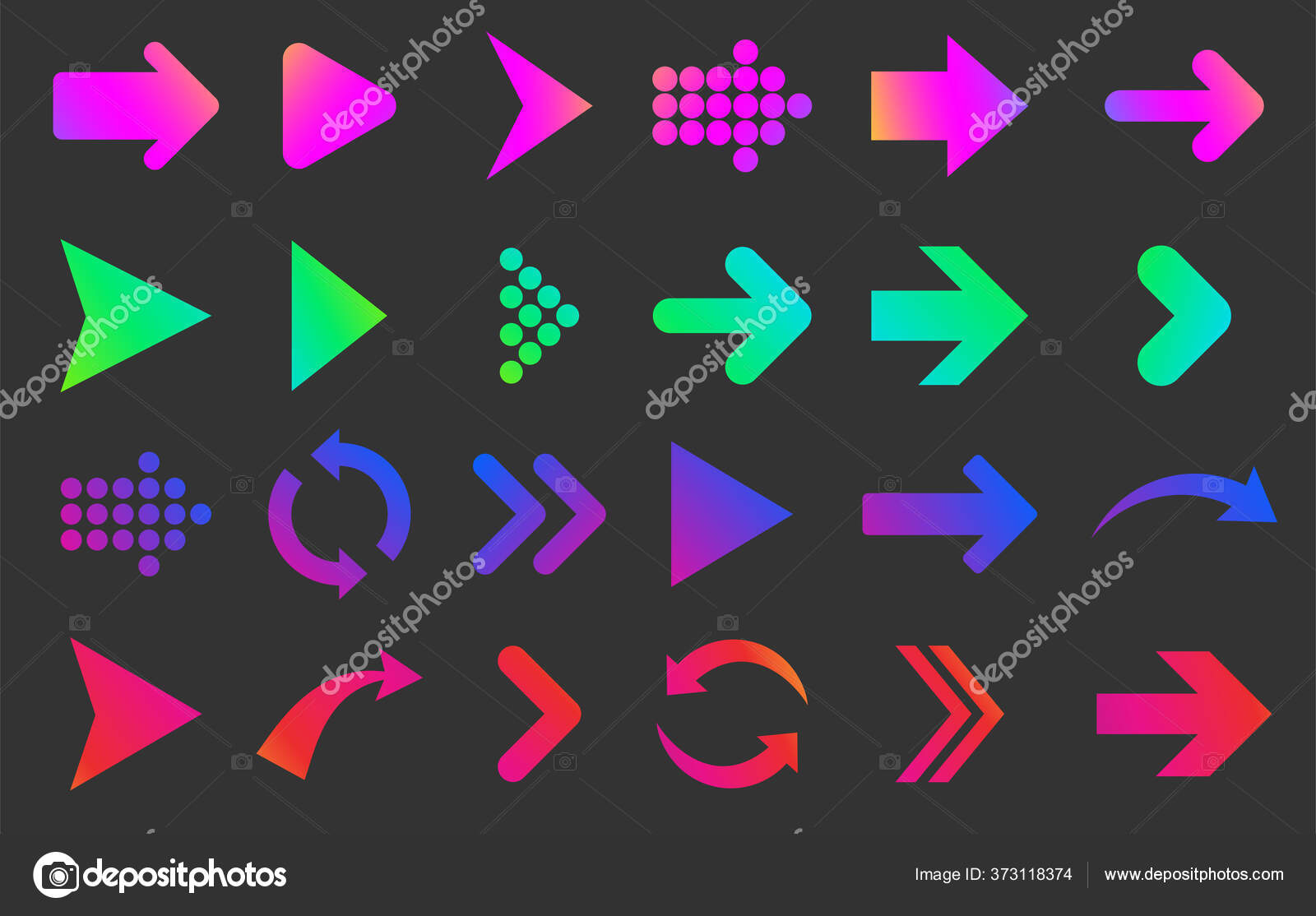 Set Isolated Bold Gradient Arrows Black Background Straight Curved ...