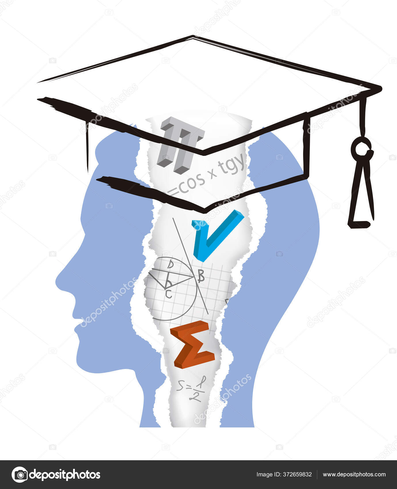 Student Mathematics Mortar Board Torn Paper Stylized Male Head Ripped ...