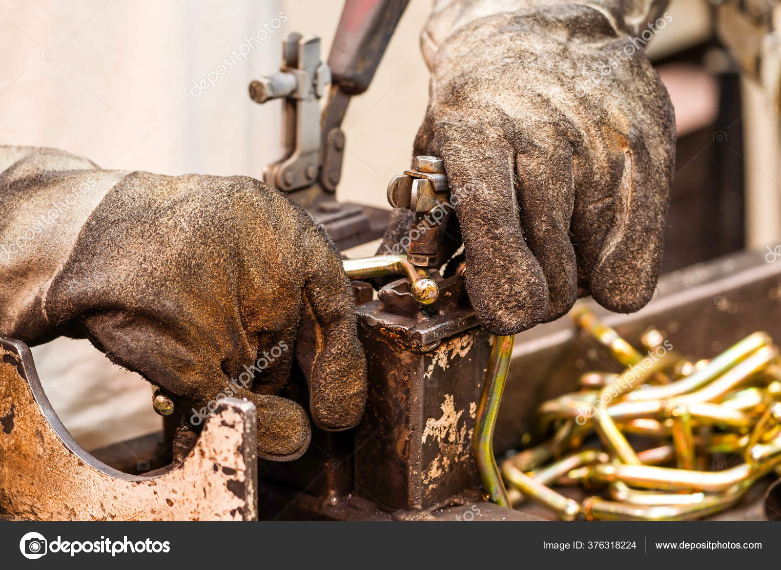 Automotive Industry Worker Wearing Used Protection Gloves — Stock Photo ...