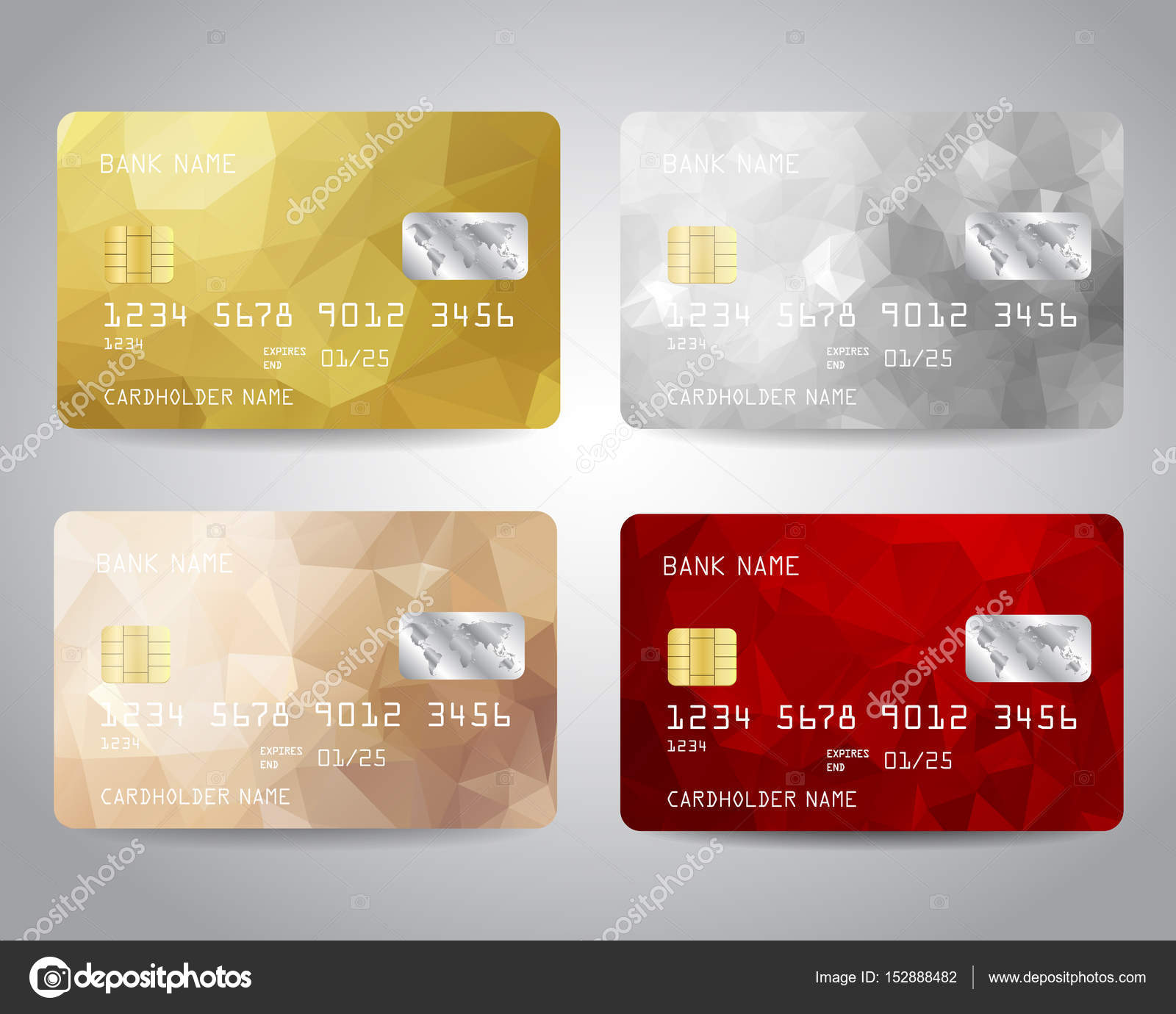 Realistic Detailed Credit Cards Set Colorful Gold Silver Bronze Red ...