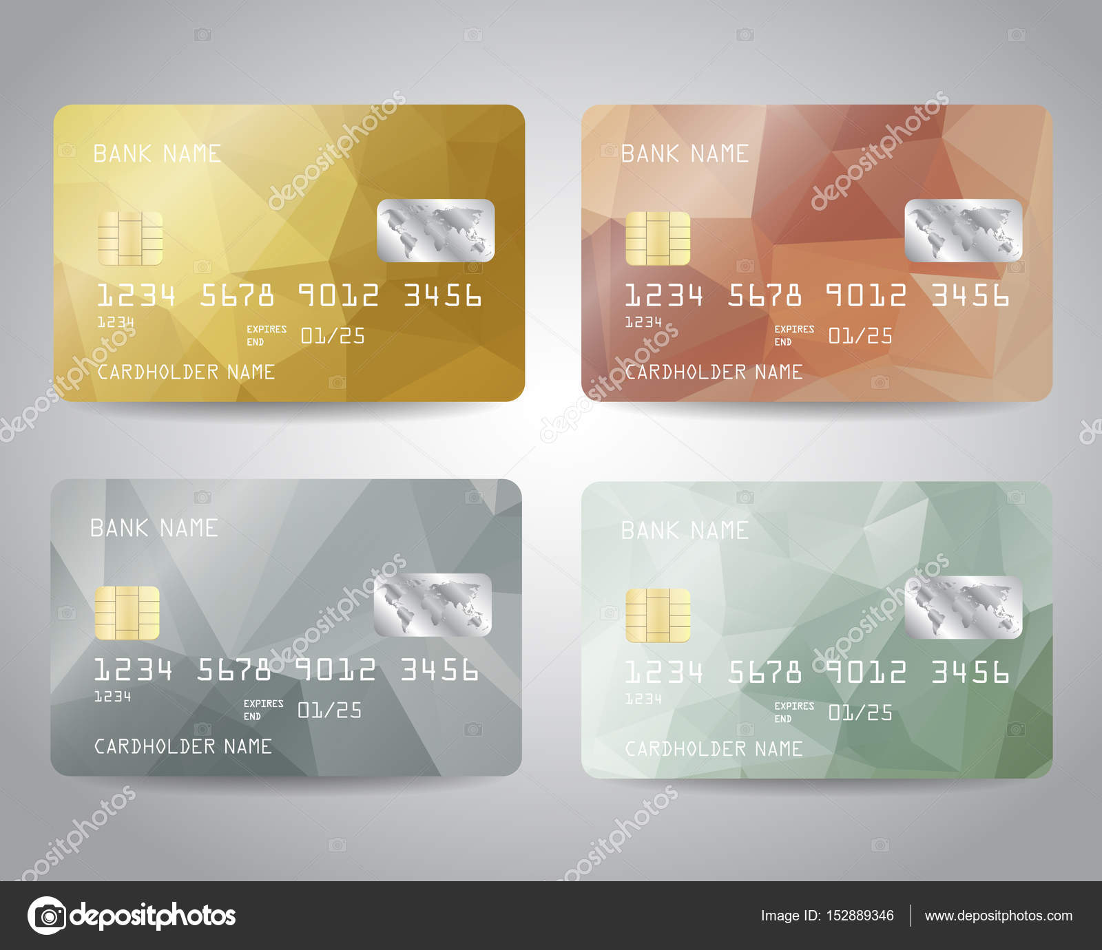 Realistic Detailed Credit Cards Set Colorful Gold Bronze Silver Emerald ...