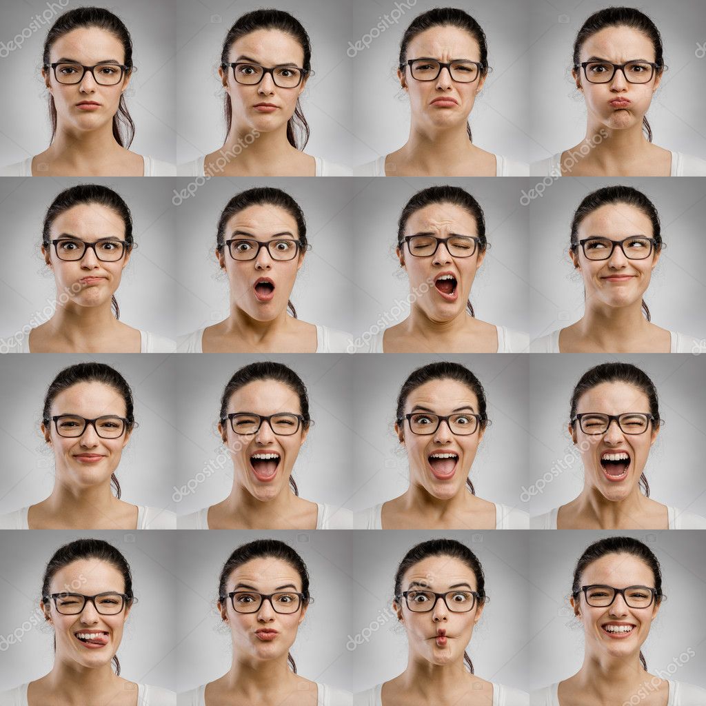 Multiple portraits of woman with different expressions — Stock Photo ... Multiple portraits of woman with different expressions — Stock Photo ...