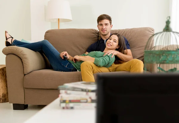 Young Couple Watching Movie Laptop Loving Couple Enjoying Home Stock