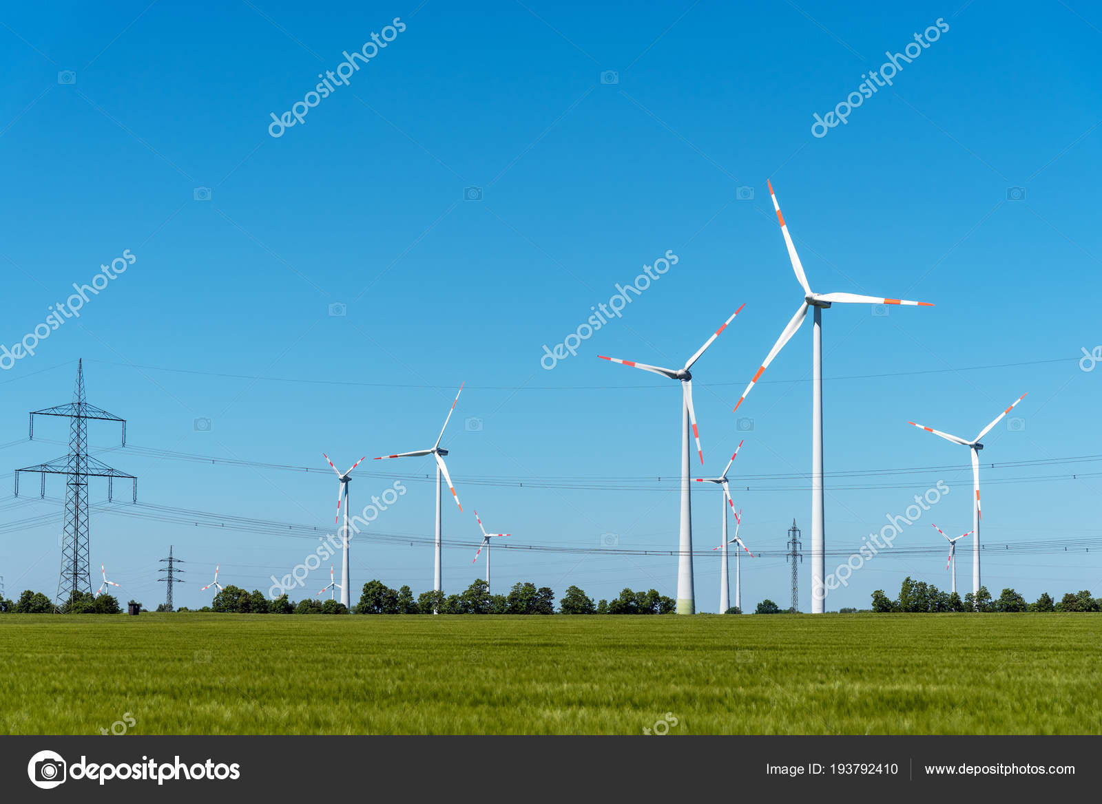 Overhead Power Lines Wind Power Plants Blue Sky Germany — Stock Photo ...