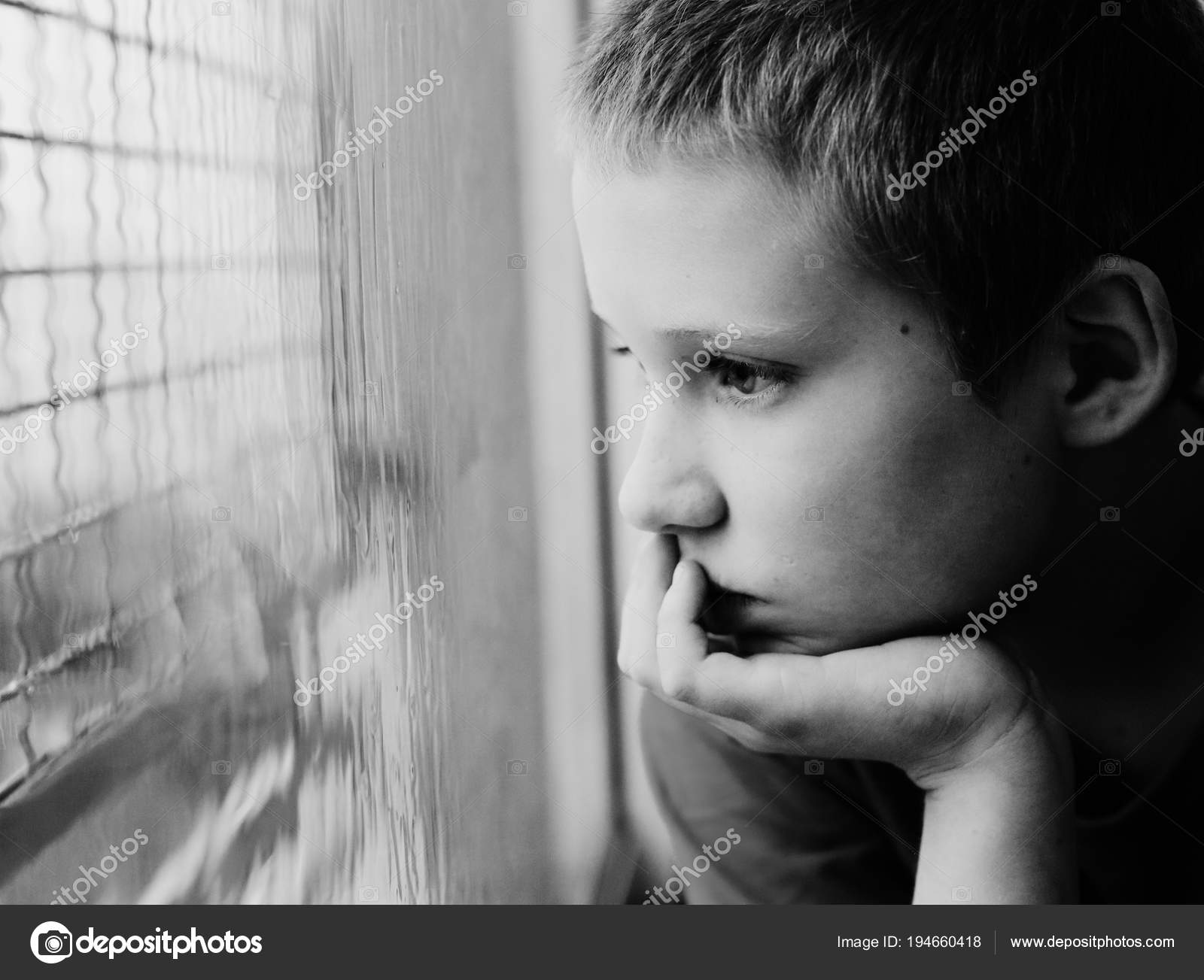 Cute Ten Years Old Autistic Boy Looking Rain Black White ⬇ Stock Photo ...