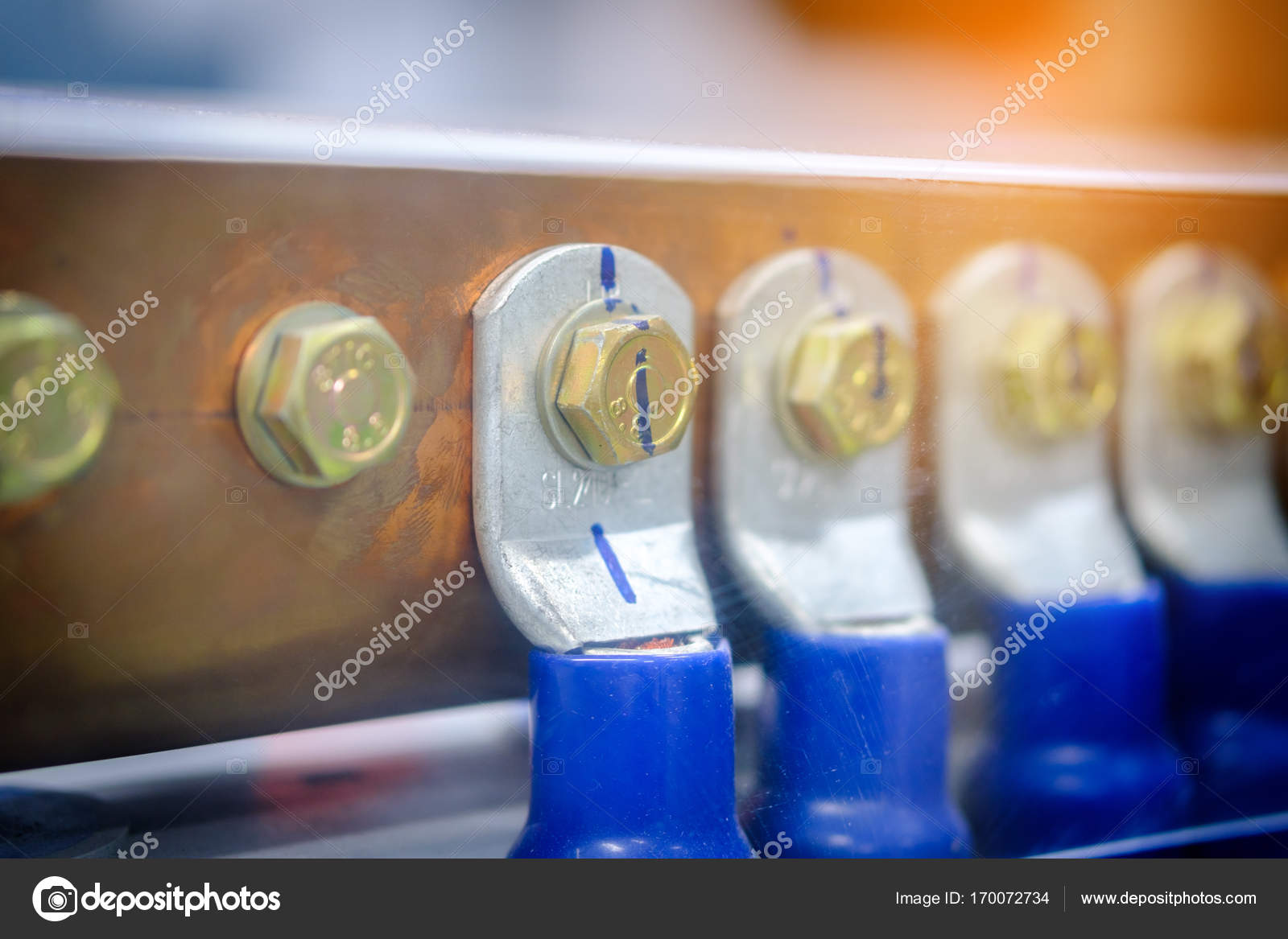 Close up Copper busbar, black colored wires, Cable Busbar Connec Stock ...