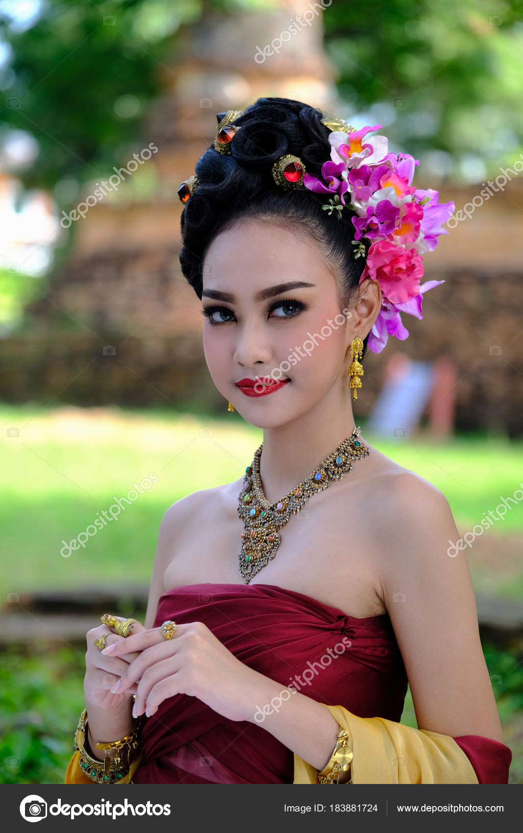 Beautiful Thai Girl In Traditional Dress Costume Red Umbrella As Thai