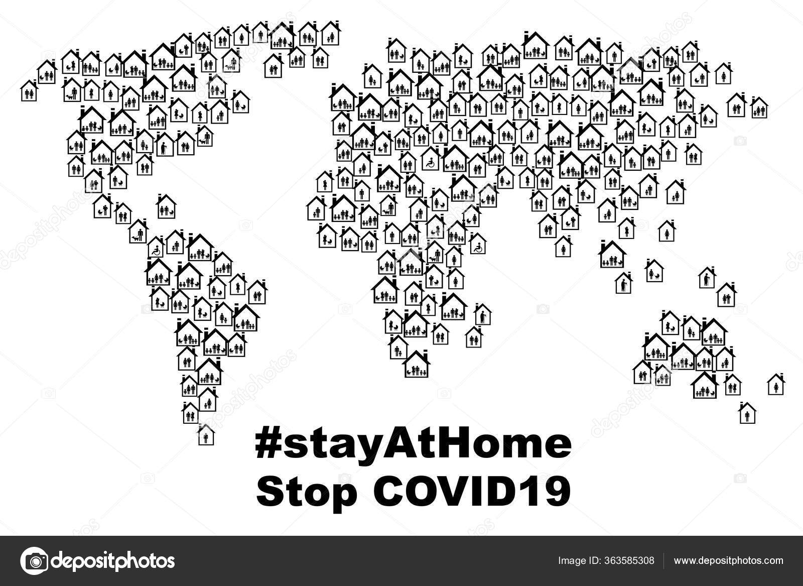 Stay Home Concept World Map Made Stylized Houses Families Stock Vector ...