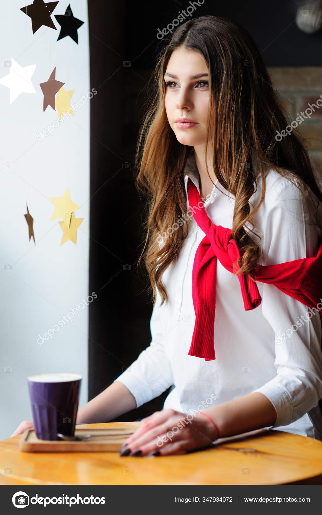 Girl Table Window Cafe Cup Coffee Stock Photo by ©yablonski75 347934072
