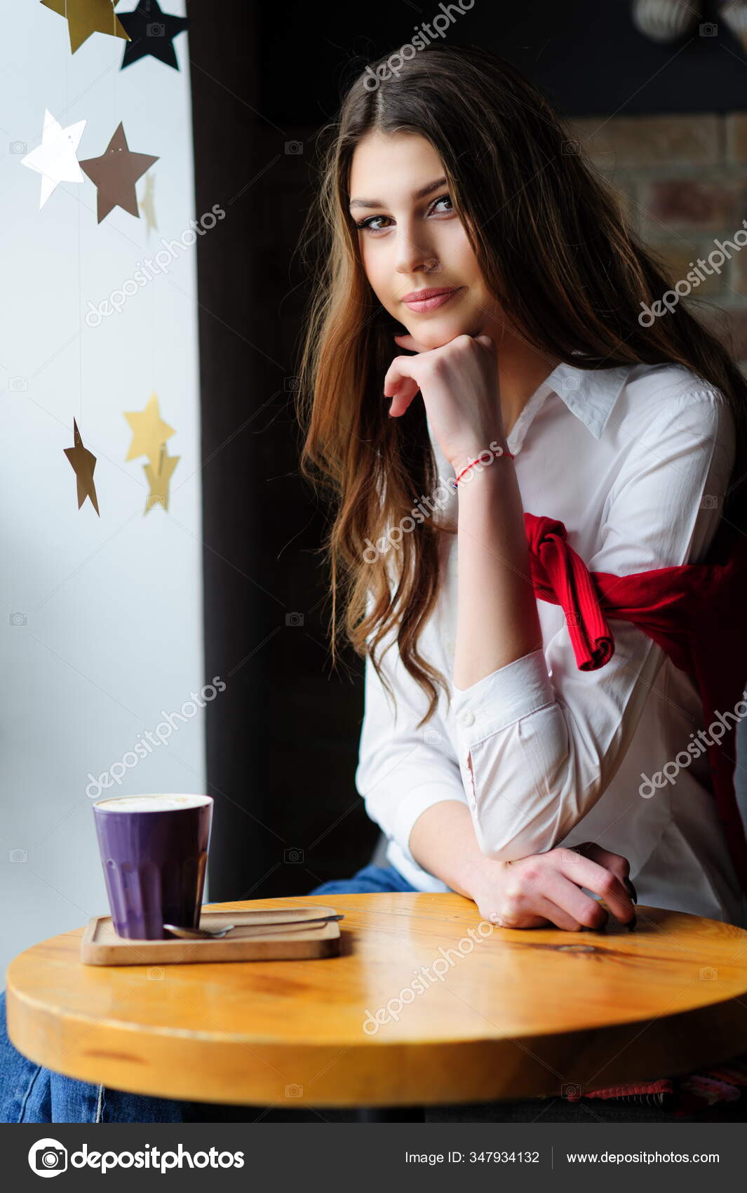 Girl Table Window Cafe Cup Coffee Stock Photo by ©yablonski75 347934132