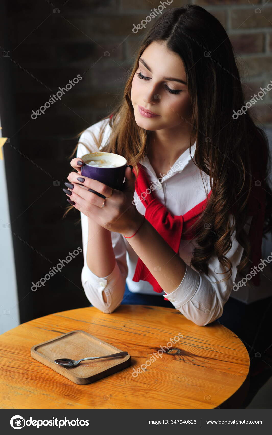 Girl Table Window Cafe Cup Coffee Stock Photo by ©yablonski75 347940626
