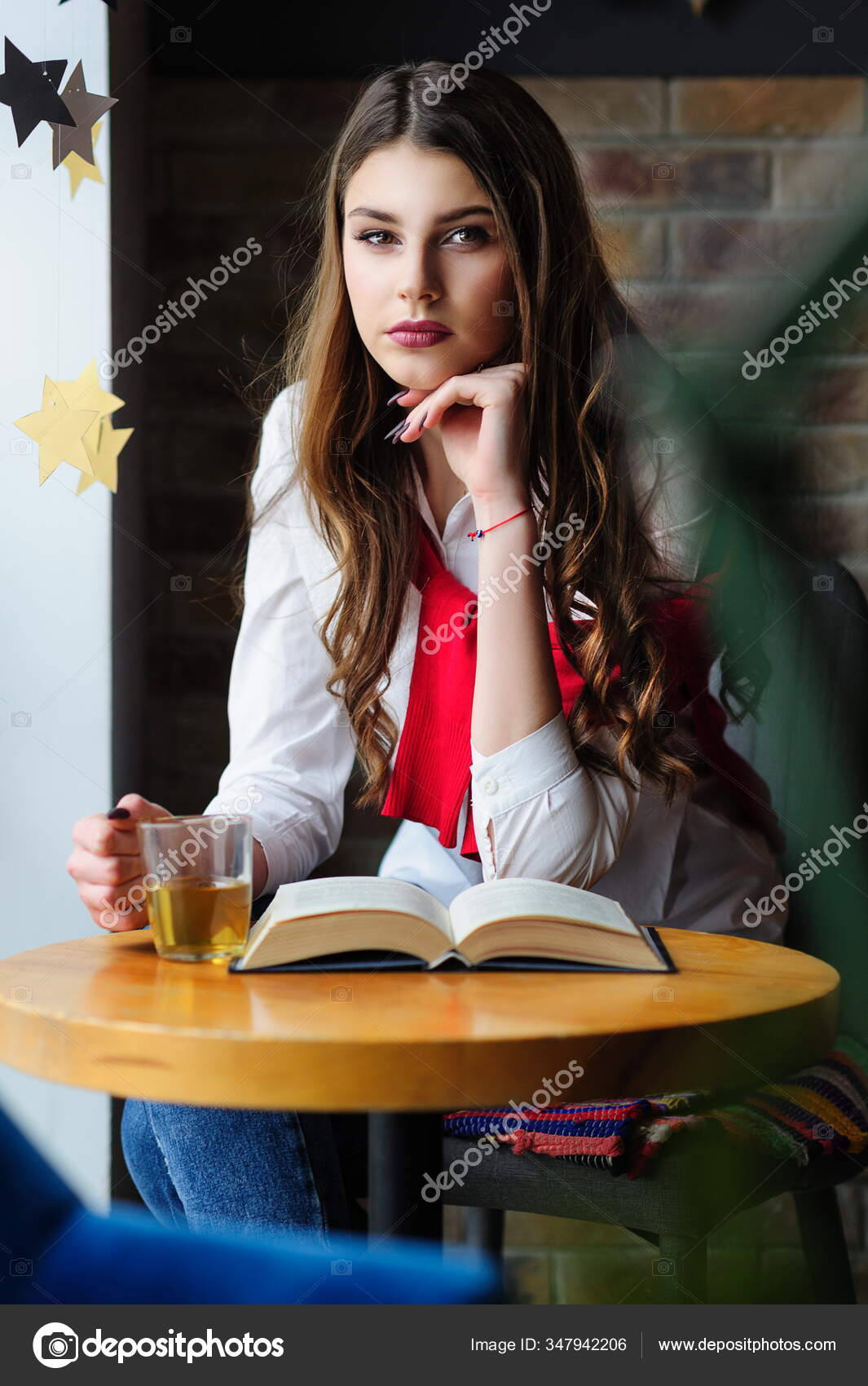 Girl Table Window Cafe Cup Tea Book — Stock Photo © yablonski75 #347942206