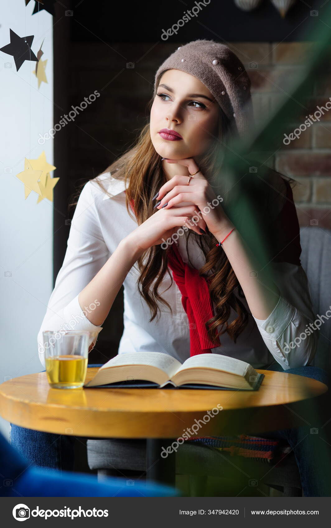 Girl Table Window Cafe Cup Tea Book Stock Photo by ©yablonski75 347942420